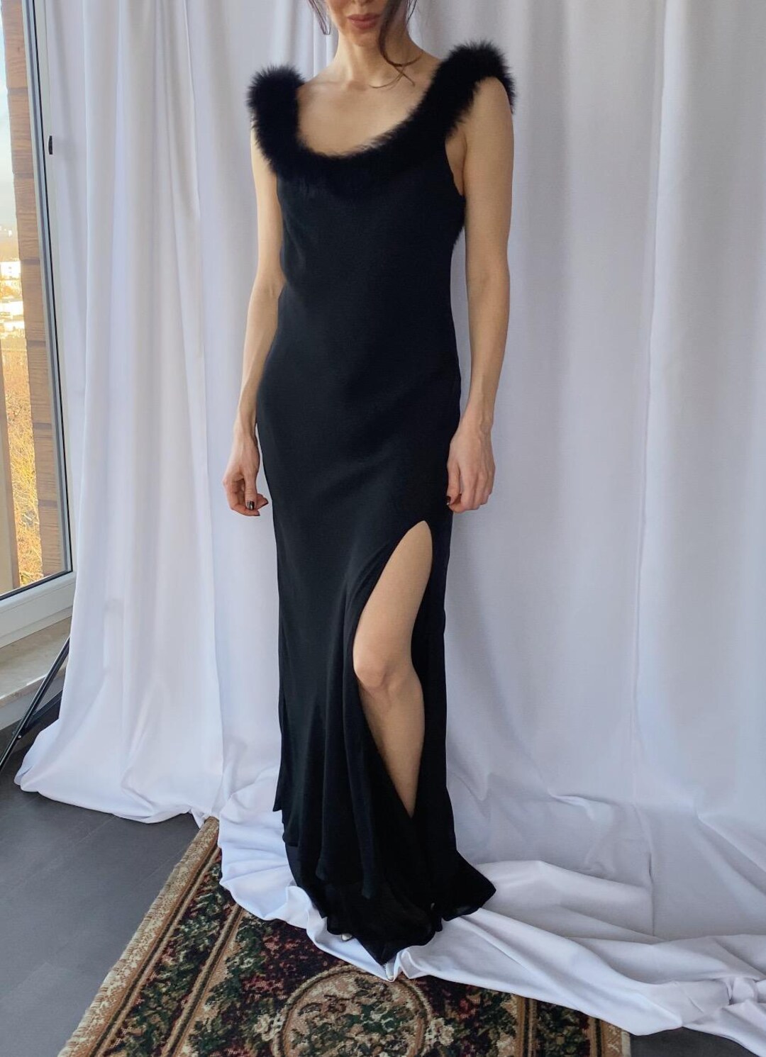 Size S/M 1990s Does 1930s Italian Vintage Chic Fur Trimmed Maxi Bias ...