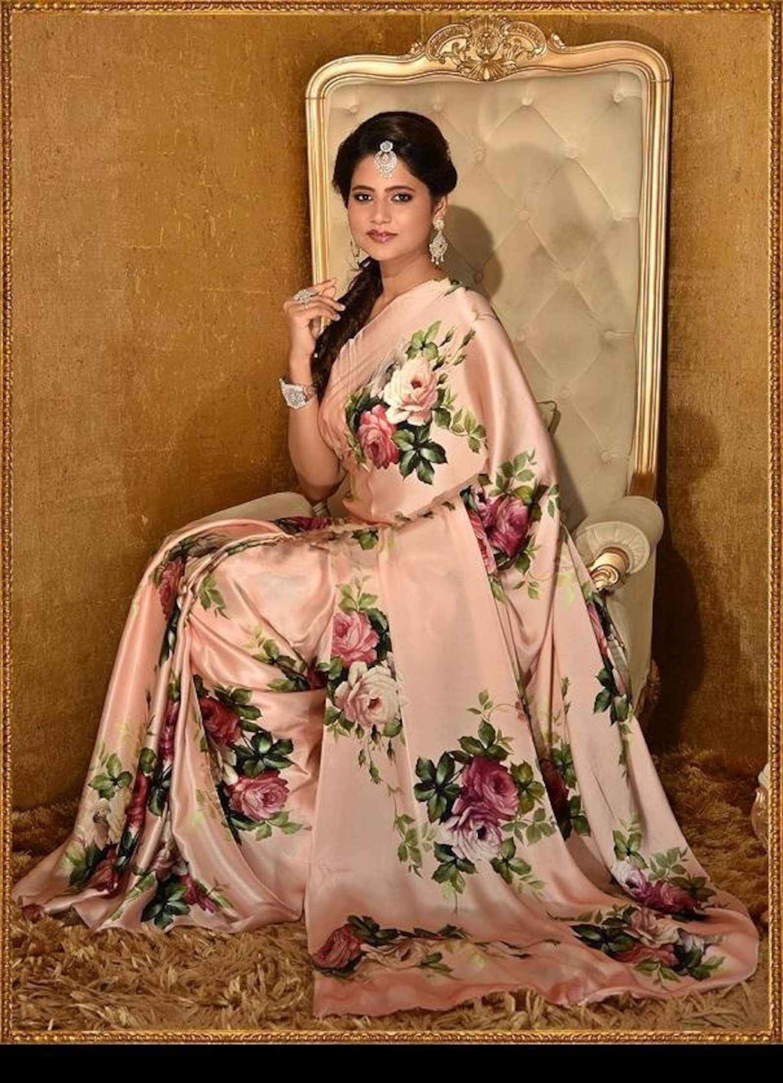 Japan Satin Silk Saree With Flower Print Bollywood Designer | Etsy