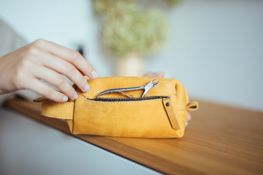 Womens Toiletry Bag, Yellow Dopp Kit Leather, Dopp Kit Travel Bag, Dopp ...