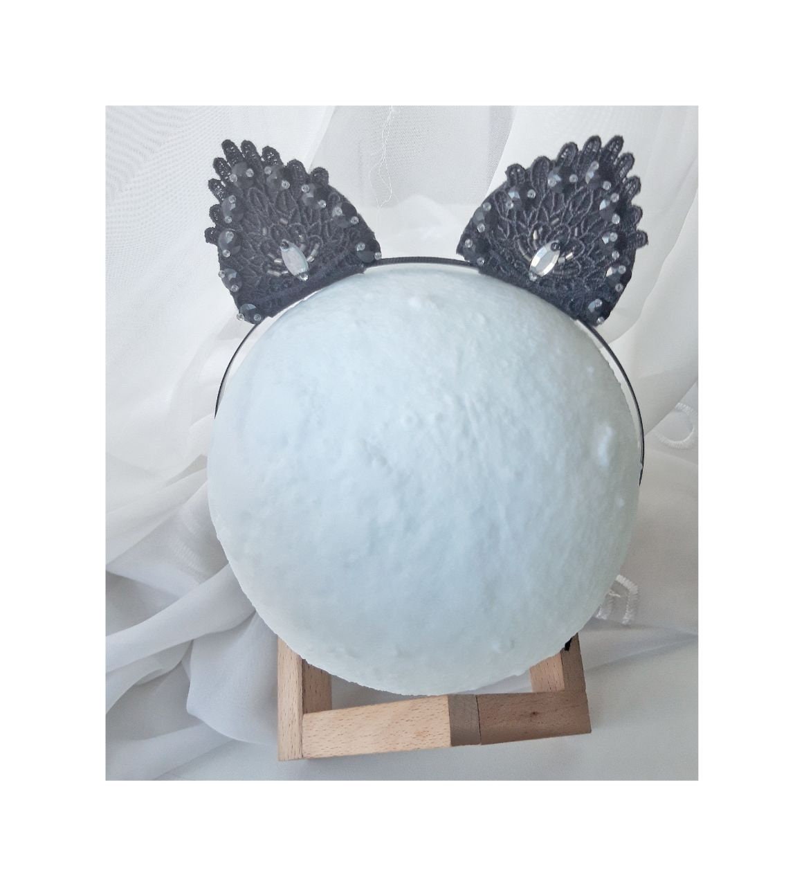 Black Lace Cat Ears Headband Embroidered Beads, Black Hair Accessory ...