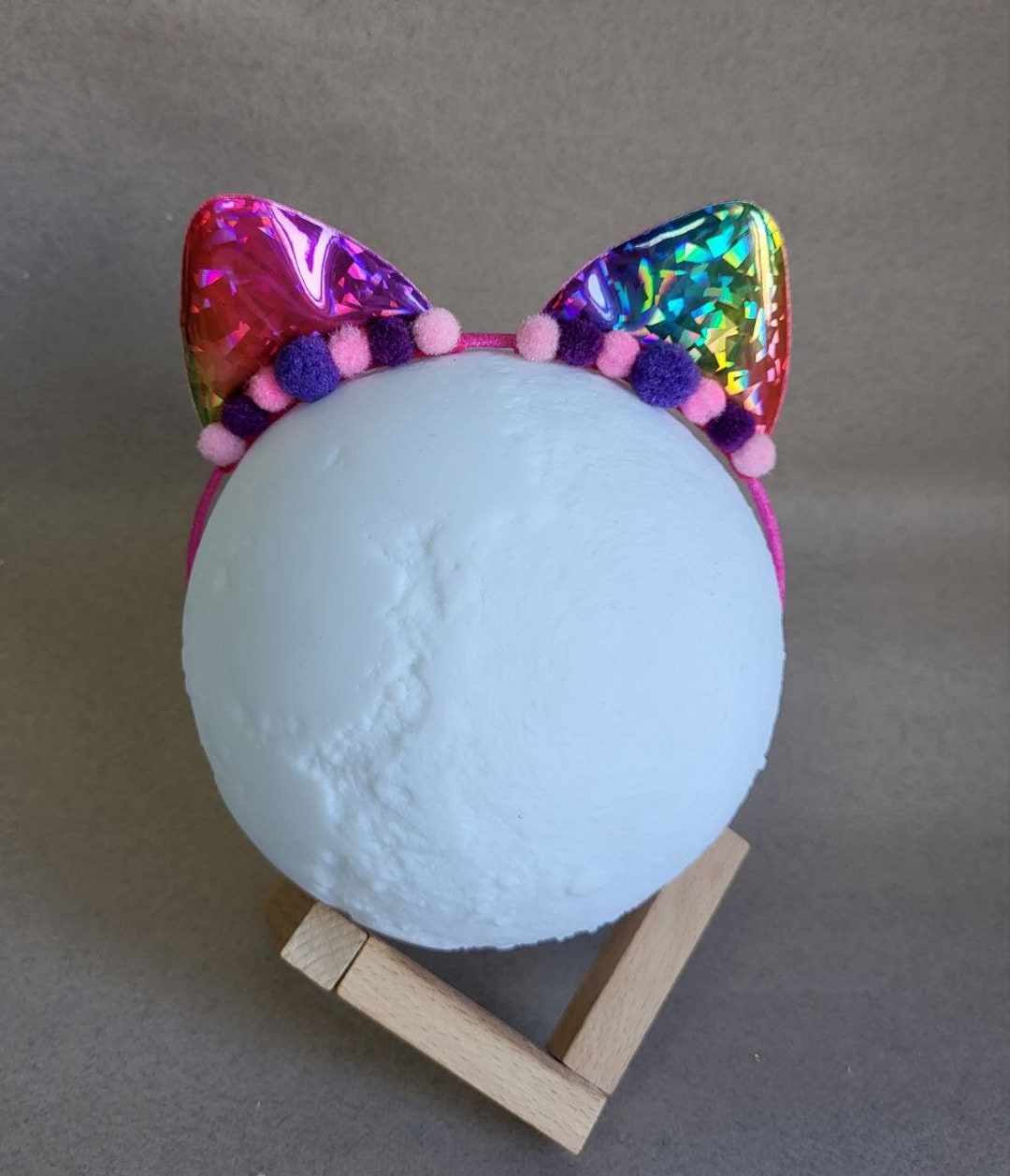 Rainbow Cat Ears With Pink and Purple Pompoms, Cat Ears Birthday Headband, Rainbow Ears Kitten ...