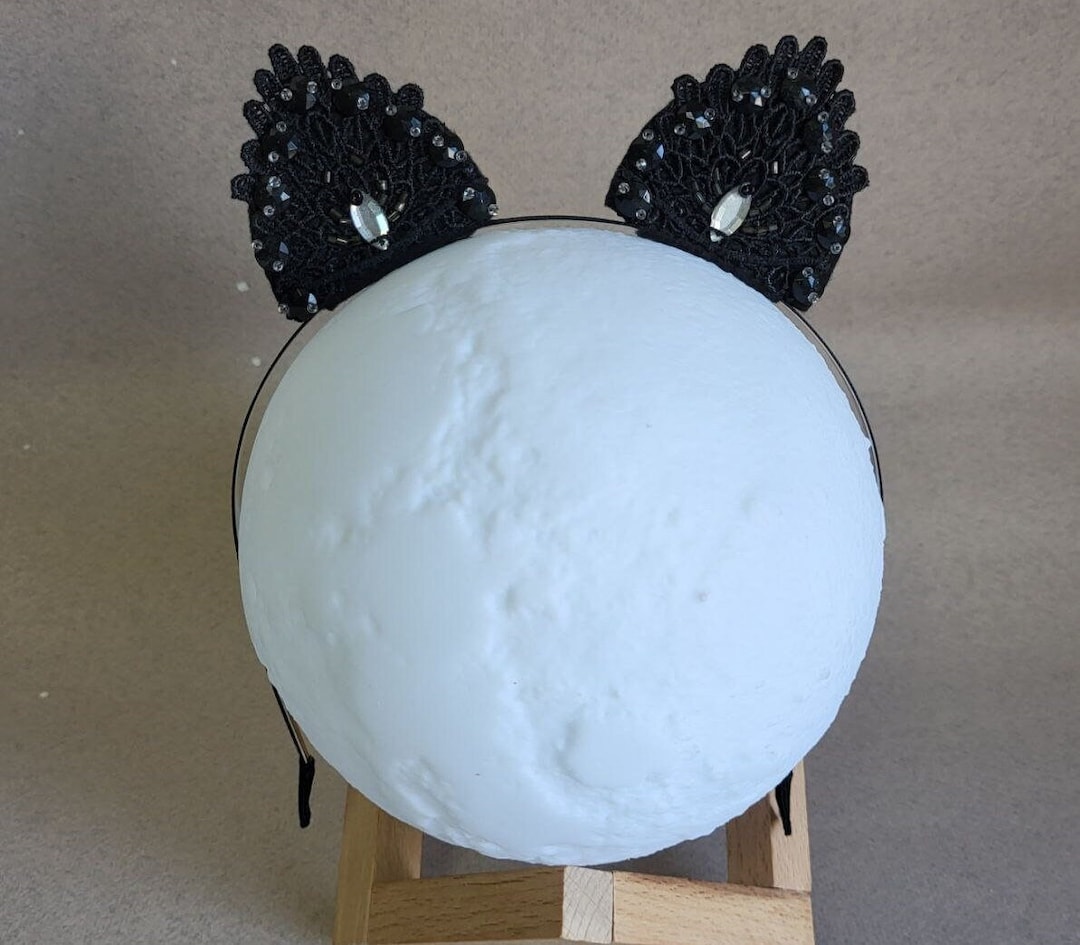 Black Lace Cat Ears Headband Embroidered Beads, Black Hair Accessory ...