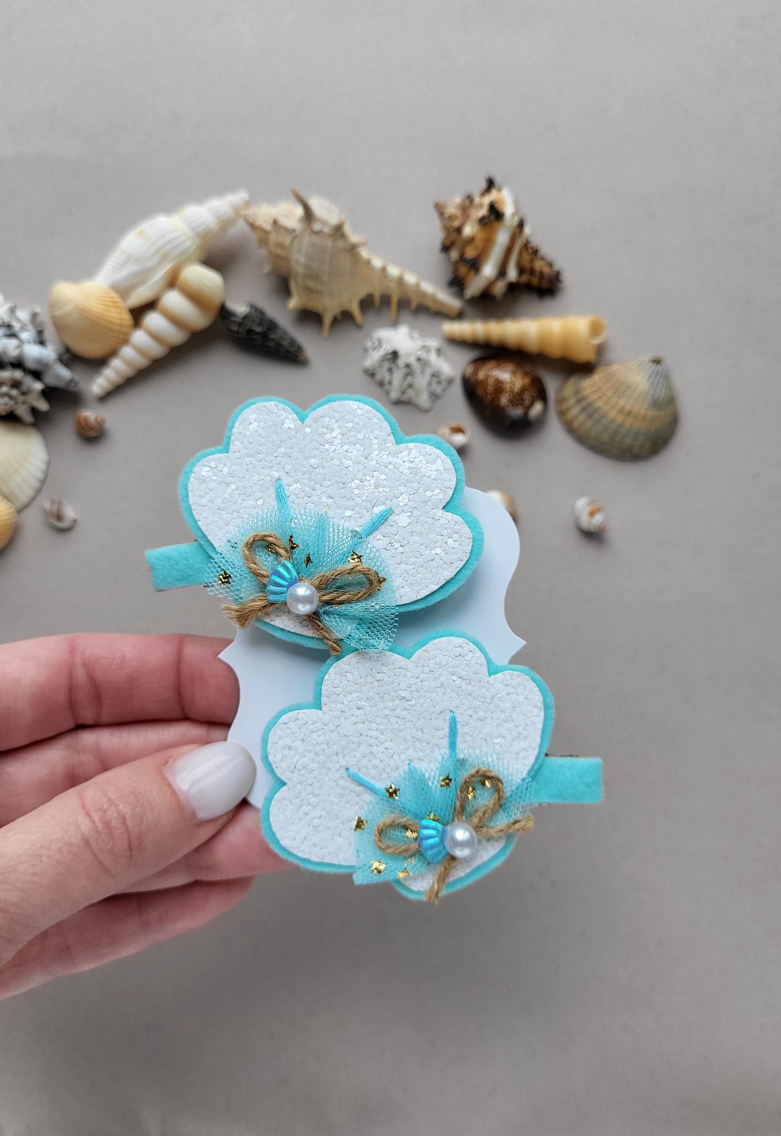 Shiny White and Turquoise Seashell Hair Clip, Mermaid Party Hair Clip ...
