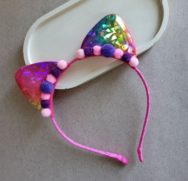 Rainbow Cat Ears With Pink and Purple Pompoms, Cat Ears Birthday Headband, Rainbow Ears Kitten ...