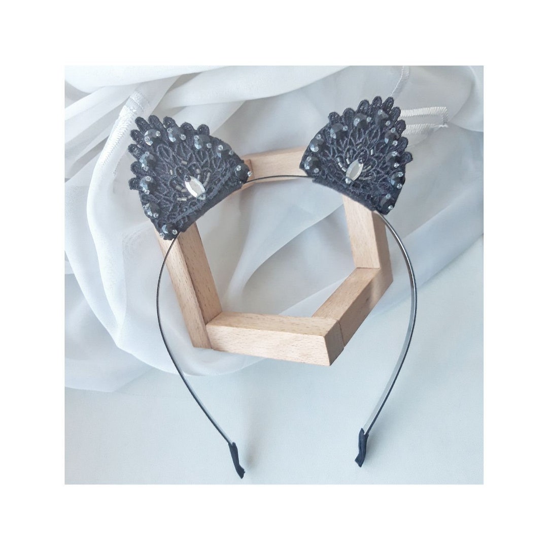 Black Lace Cat Ears Headband Embroidered Beads, Black Hair Accessory ...