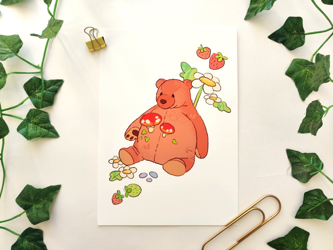 Teddy Bear Print, A5 Cottagecore, Illustrated Skog Bear Print, Cute Bear, Djungelskog, Nature ...