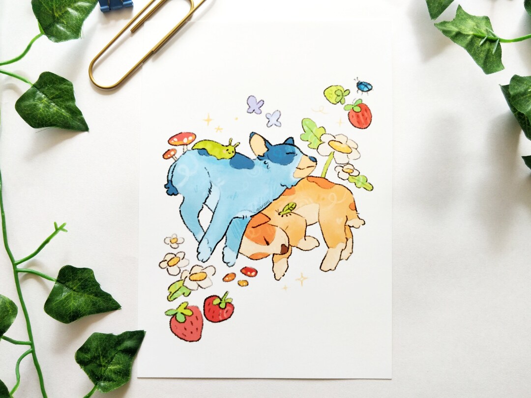 Sleepy Dogs Print, A5 Cottagecore, Illustrated Blue Puppies, Cute ...