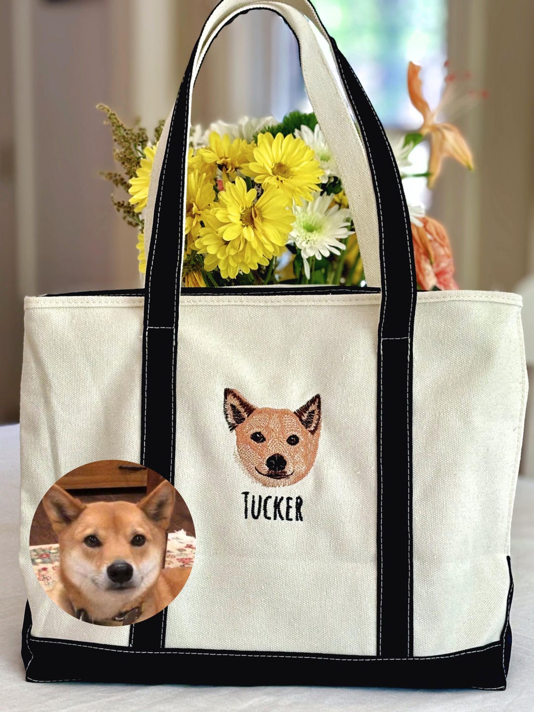Custom EMBROIDERED Pet Portrait Canvas Tote Bag, Personalized Dog Bag ...