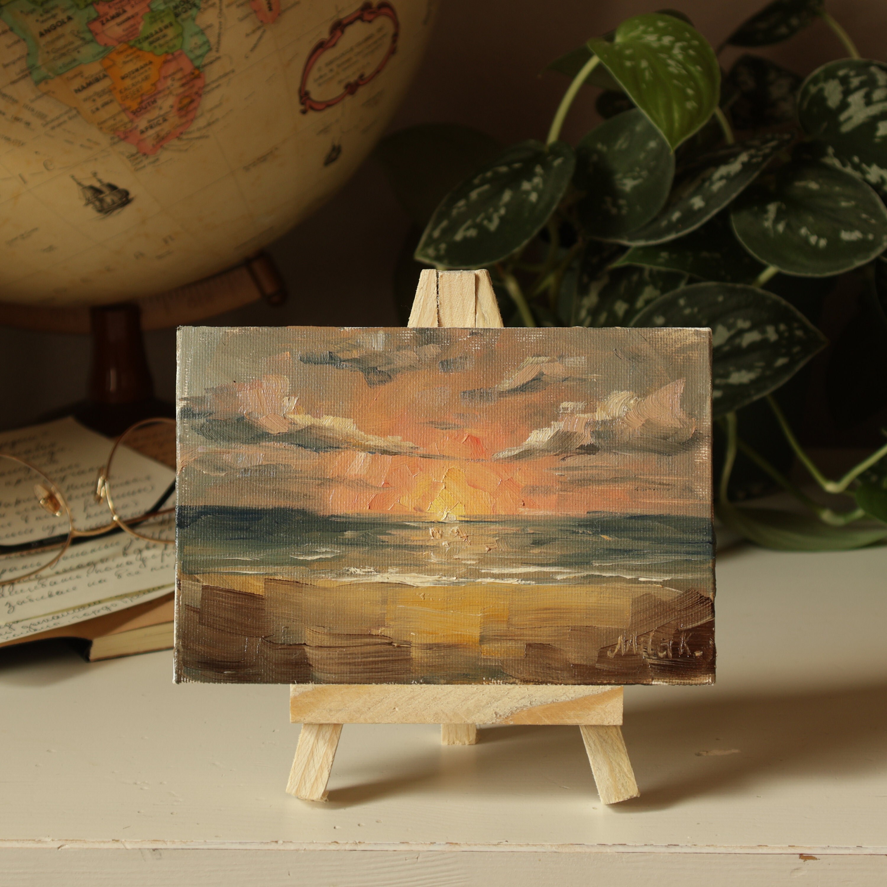 Sunset on the Beach Original Oil Painting, Cloudy Sunset, Coastal Home ...