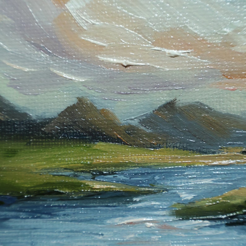 Landscape Oil Painting,/ Warm Sunset Over Valley/ Lake With Field of ...
