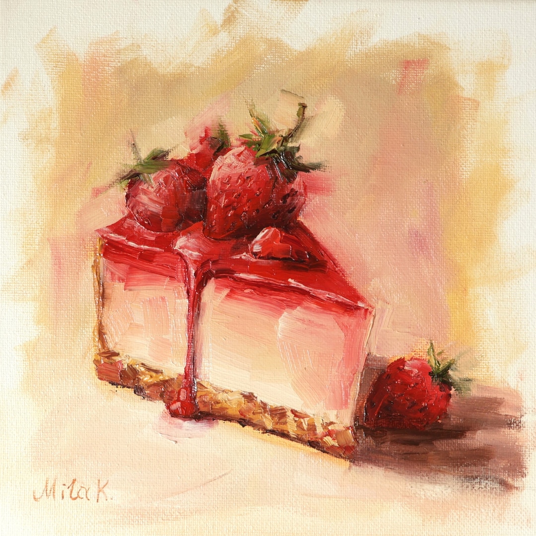 Strawberry Cheesecake Original Oil Painting/ 8x8" on Stretched Canvas ...