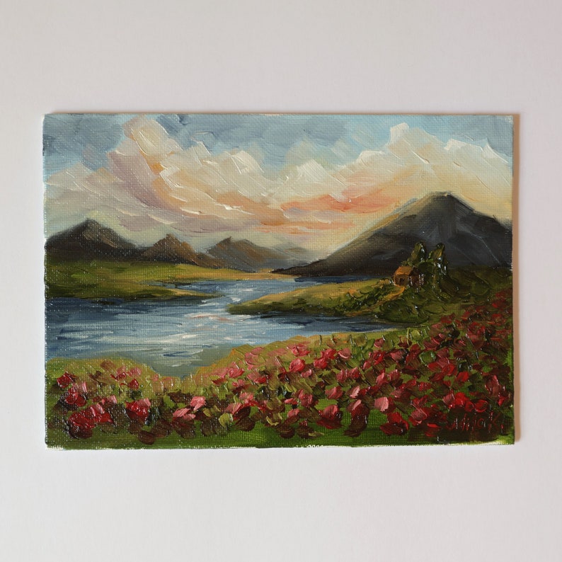 Landscape Oil Painting,/ Warm Sunset Over Valley/ Lake With Field of ...