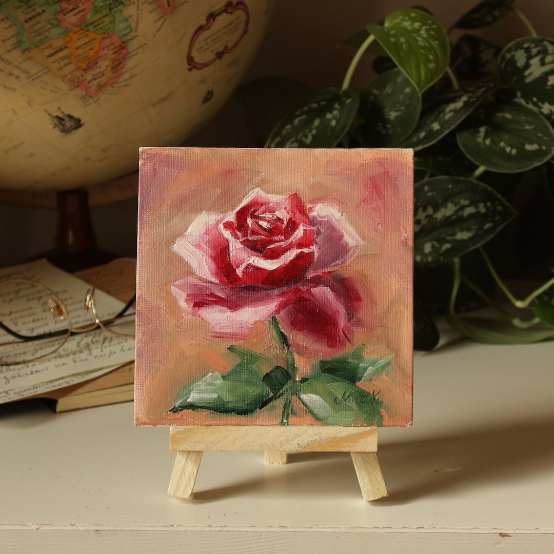 Red Rose Original Oil Painting, Romantic Small Mini Oil Painting ...