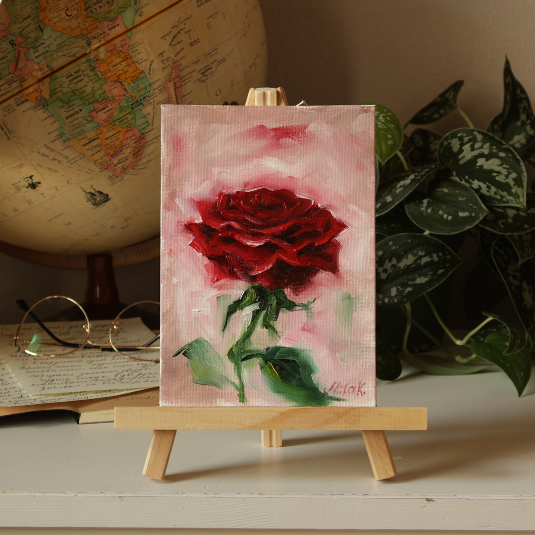 Red Rose Beautiful Small Oil Painting, Flower Wall Art, Botanical ...
