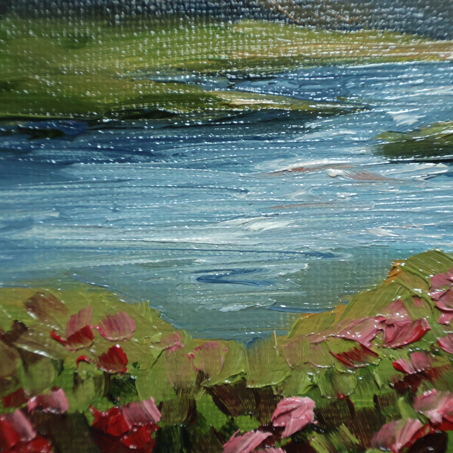 Landscape Oil Painting,/ Warm Sunset Over Valley/ Lake With Field of ...