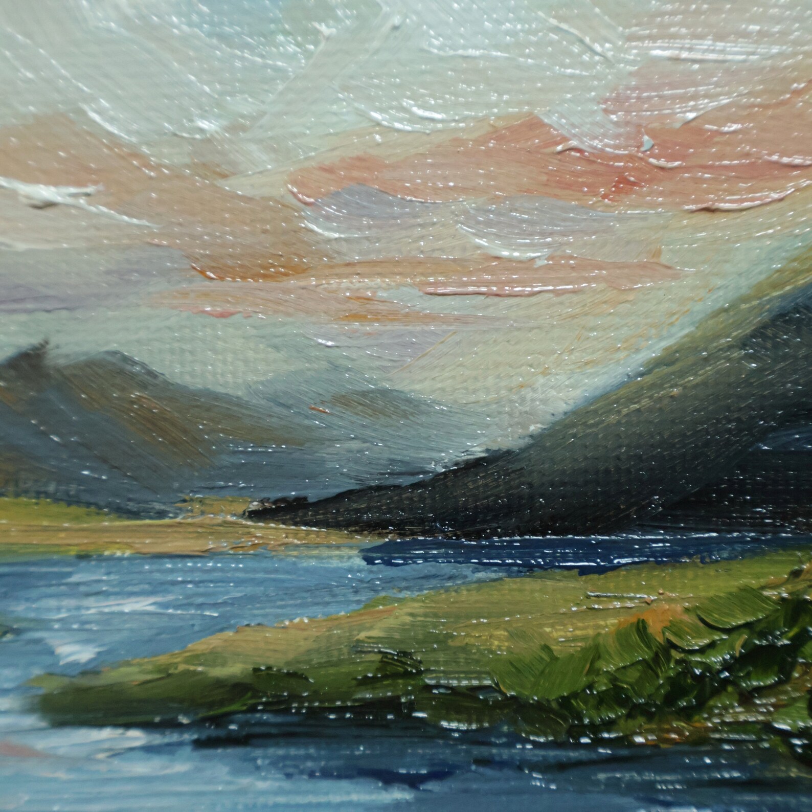 Landscape Oil Painting,/ Warm Sunset Over Valley/ Lake With Field of ...