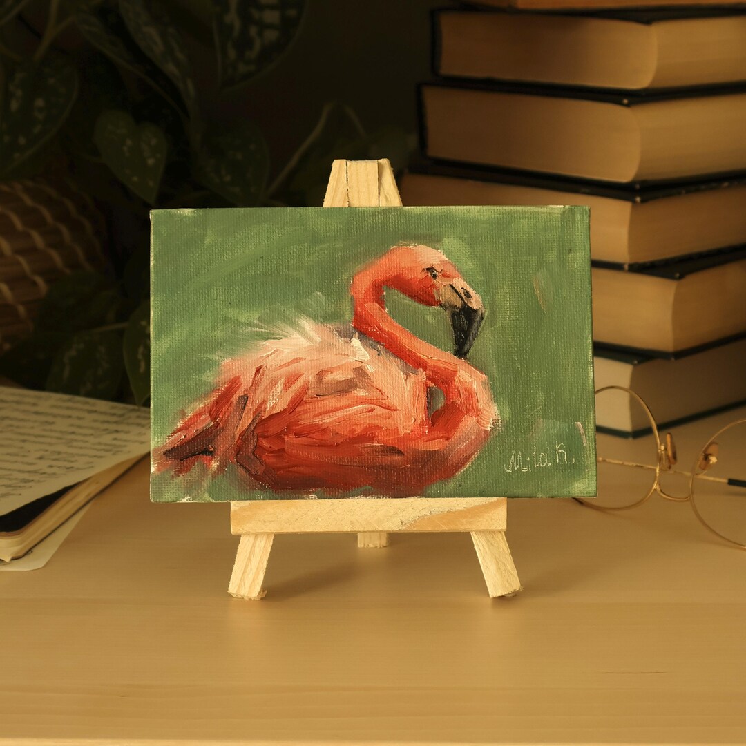 Pink Flamingo Mini Oil Painting/ Original 4x6" Artwork/ Tropical Bird ...