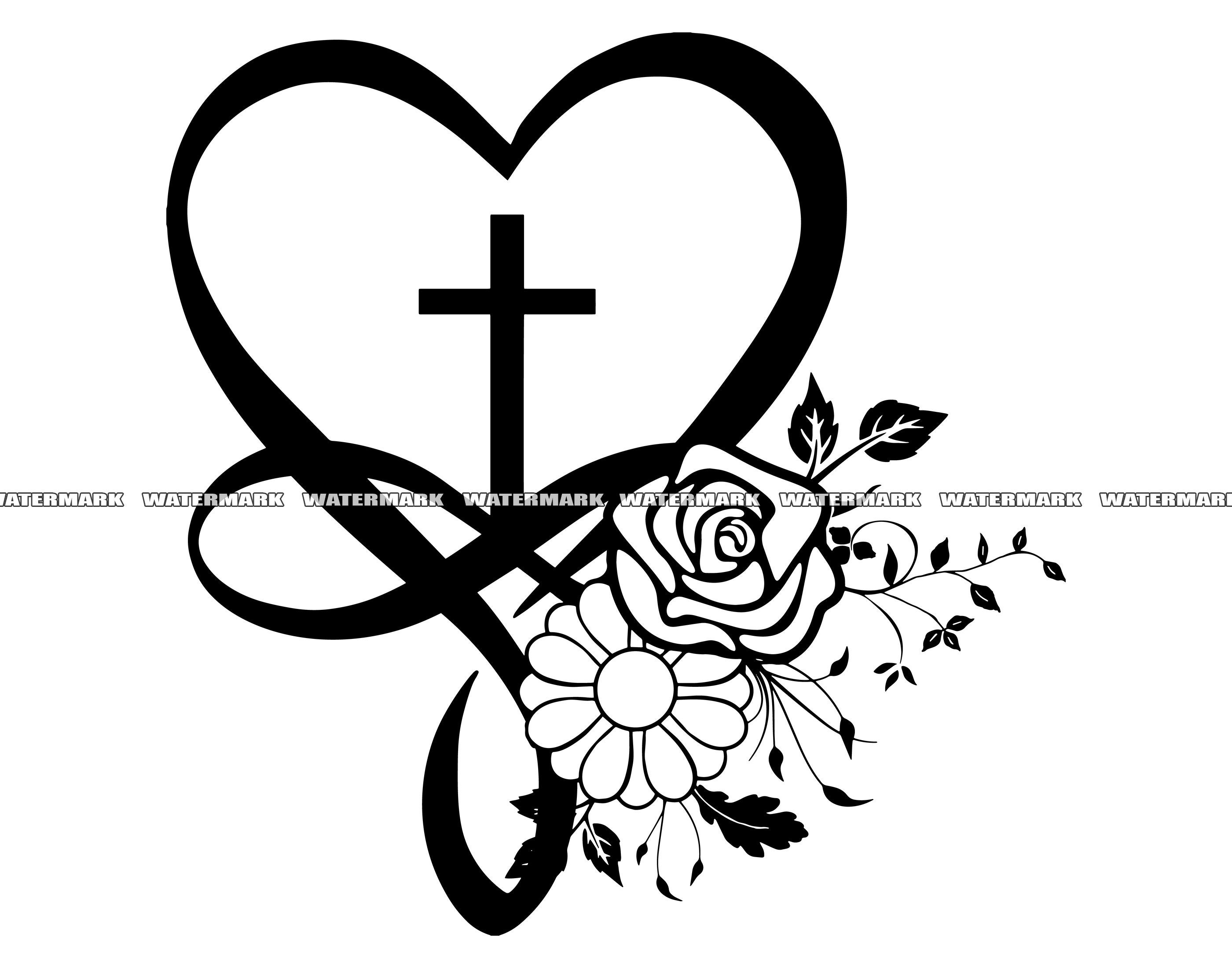 Floral Heart Cross SVG, Floral Heart Cross Cut File, Floral Heart Cross ...