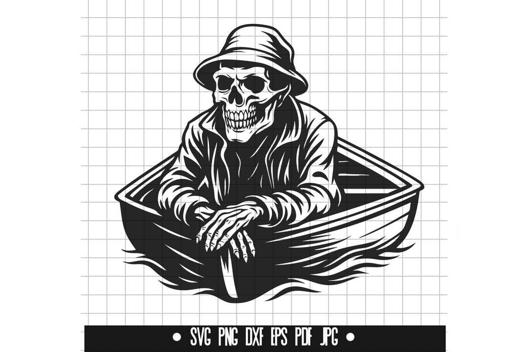 Skeleton Fisherman SVG, Skull DXF, Boat PNG, Fishing Cut File, Clipart ...
