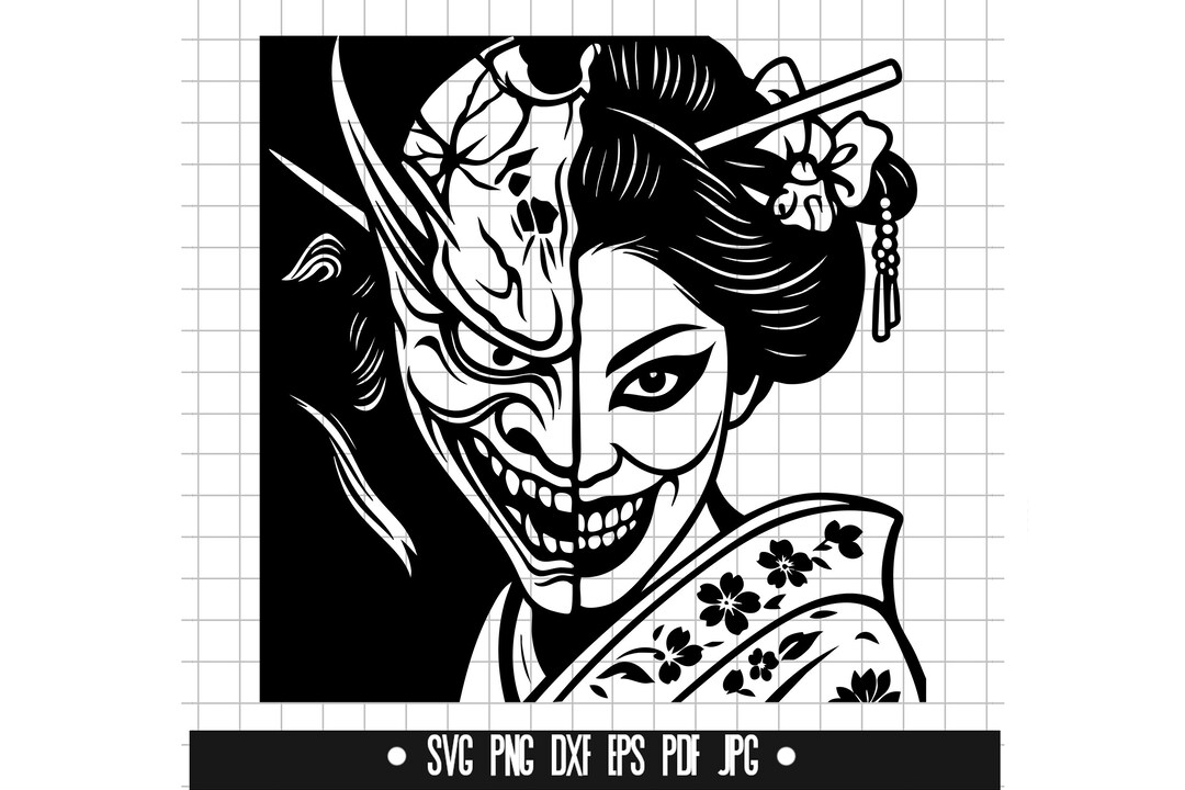Oni Mask Geisha SVG, Japanese Horror DXF, Split Face PNG, Clipart, Cut ...