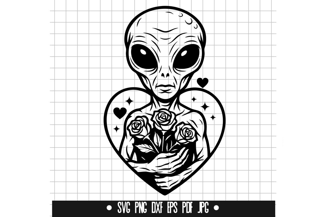 Heart Alien SVG, Alien Holding Roses PNG, Valentine Alien DXF, Cute ...