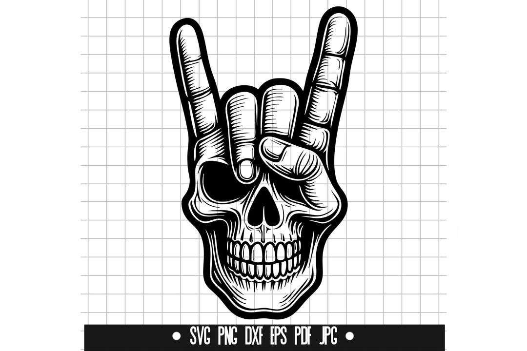 Rock Skull SVG, Hand Horns PNG, Skeleton DXF, Music Skull Clipart, Svg ...