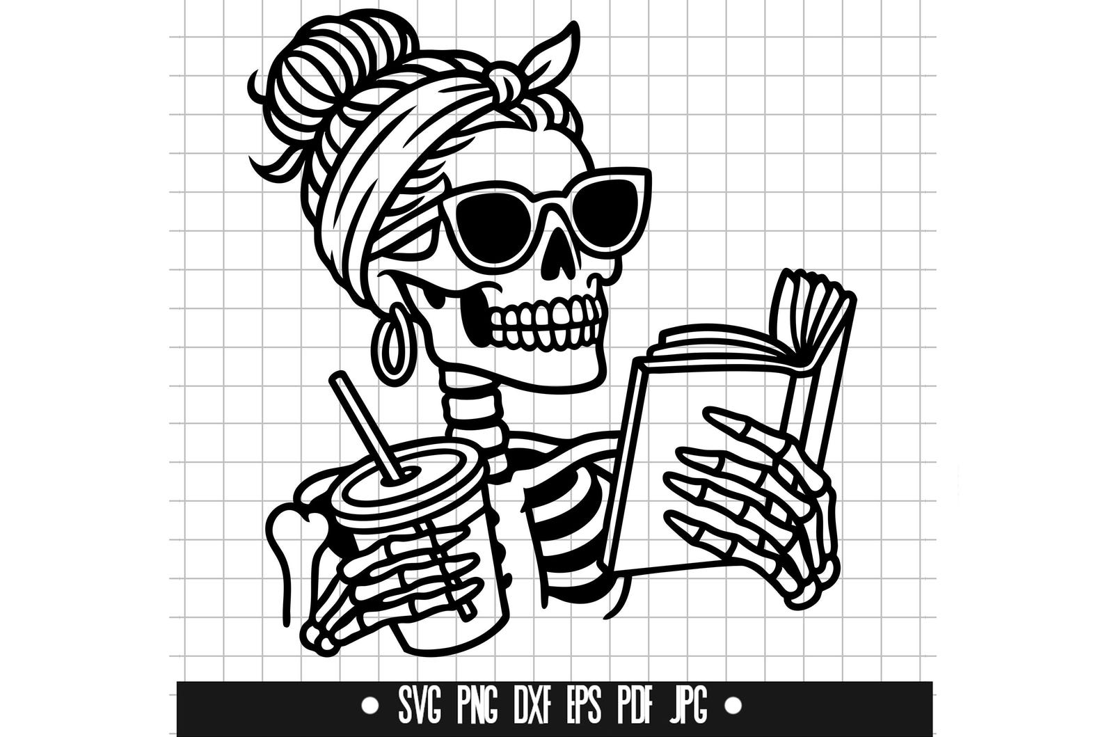 Skeleton Reading Svg, Skull With Book Svg, Skeleton Coffee Svg, Book ...