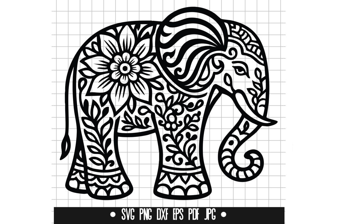 Elephant SVG, Floral Elephant PNG, Henna DXF Cut File, Mandala Elephant ...