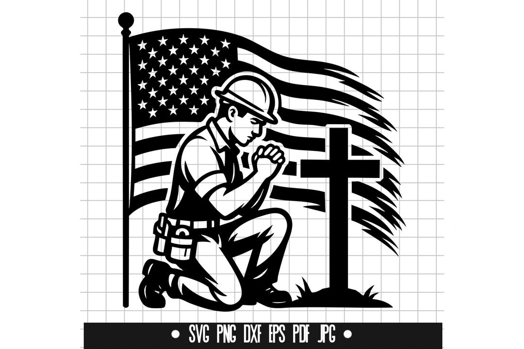 Praying Construction Worker SVG, Memorial Flag Cross PNG, Builder DXF ...