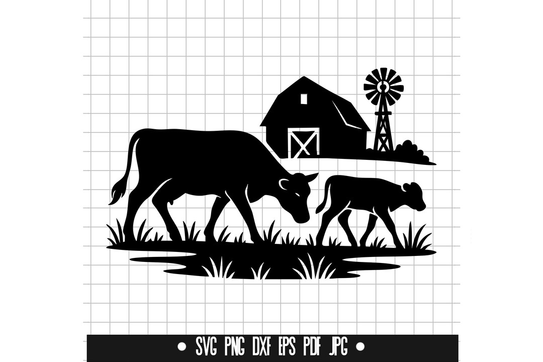 Farm Cow and Calf SVG, Barn Scene SVG, Farm Animal SVG, Windmill Svg ...