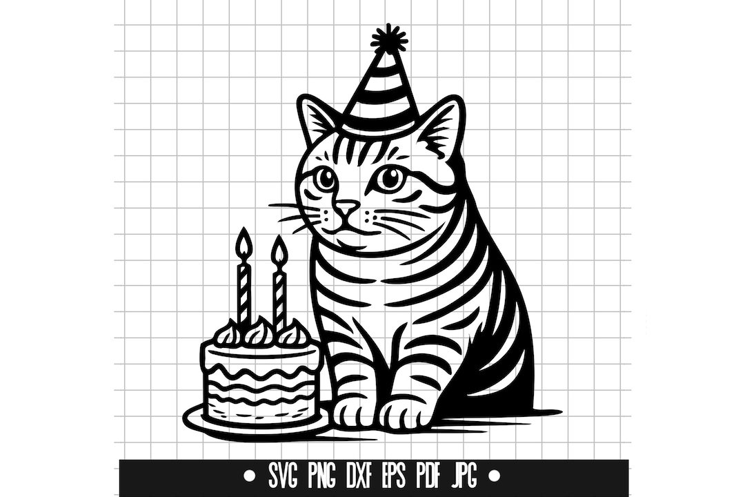 Birthday Cat SVG, Cat With Cake DXF, Party Cat PNG, Cat Cut File ...