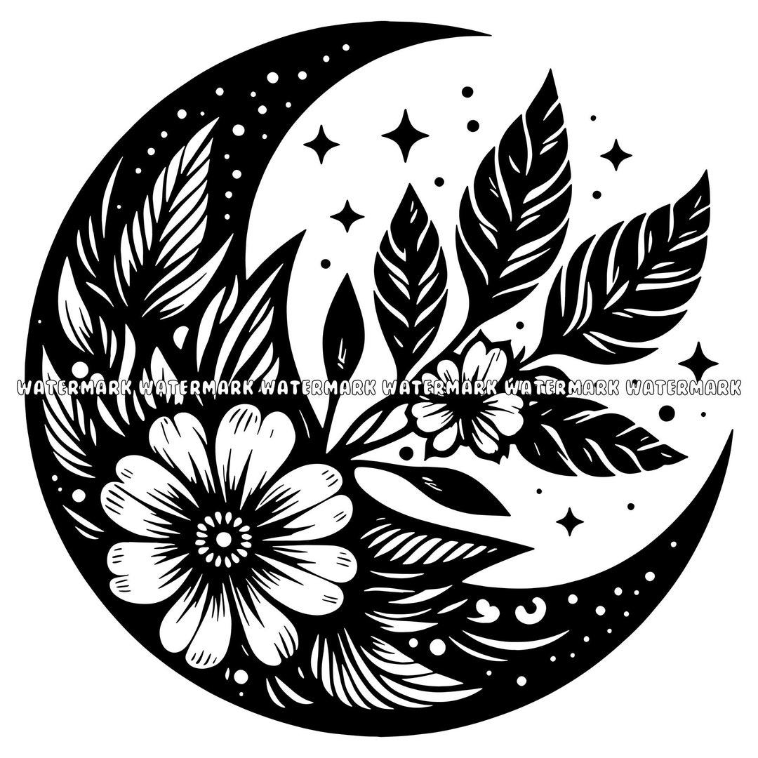 Floral Crescent Moon Lunar SVG DXF PNG Cut File Clipart Digital File ...