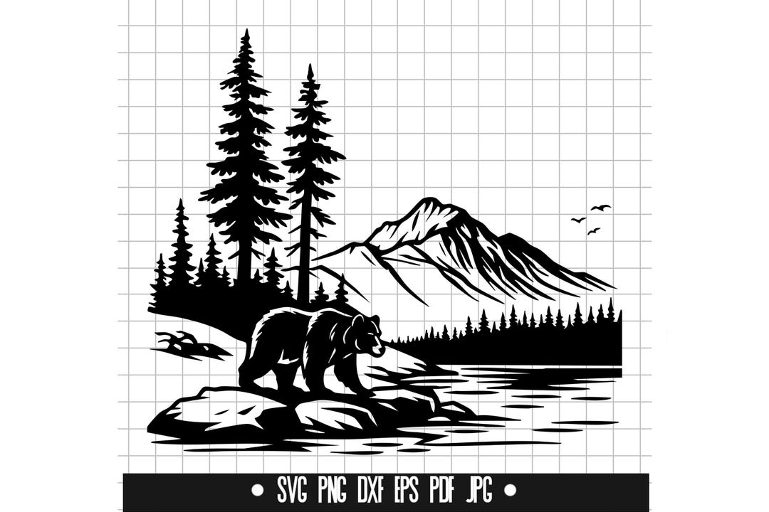 Bear SVG, Mountain Lake PNG, Wilderness DXF File, Grizzly Cut File ...