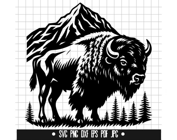 Bison Head in the Forest Svg, Bear Mountains Dxf for Laser Cut, Svg for ...