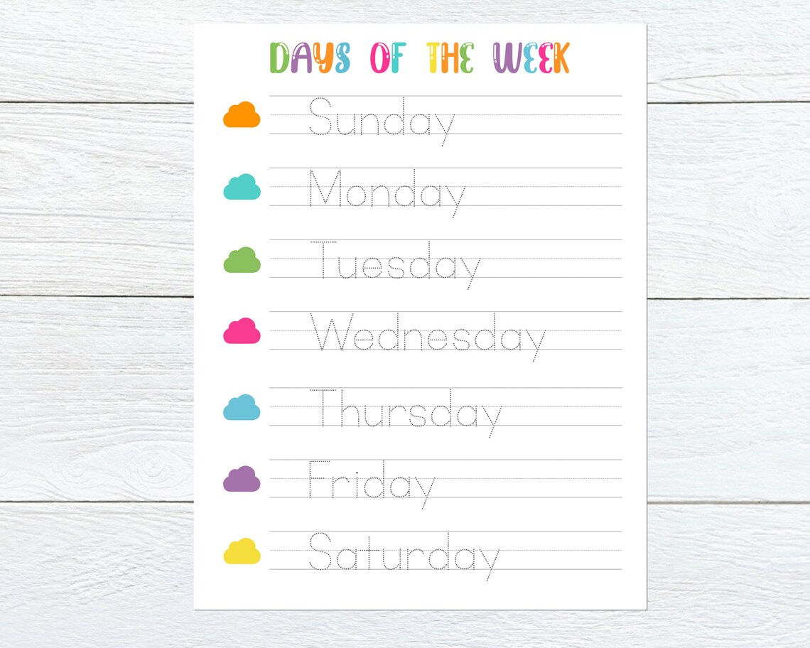 Days of the Week Chart and Tracing Practice Bundle, Calendar, Learning ...