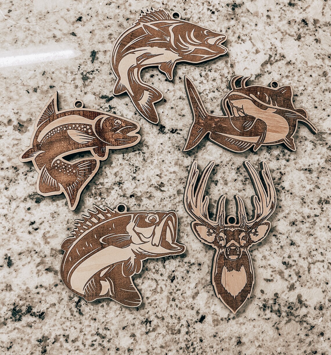 Fish and Deer Ornaments-hunting-buck-catfish-walleye-bass-trout-set of ...
