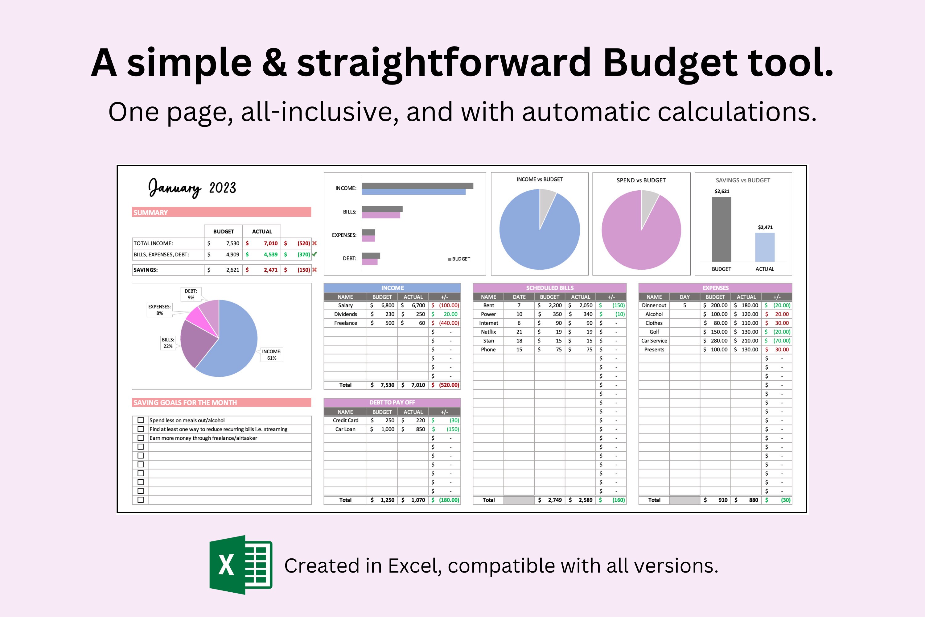 Monthly Budget Spreadsheet Template for Excel, With Automatic Charts ...