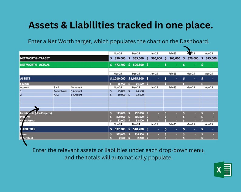 Excel Net Worth Tracker With 12 Months of Data, Automatic Charts, and ...