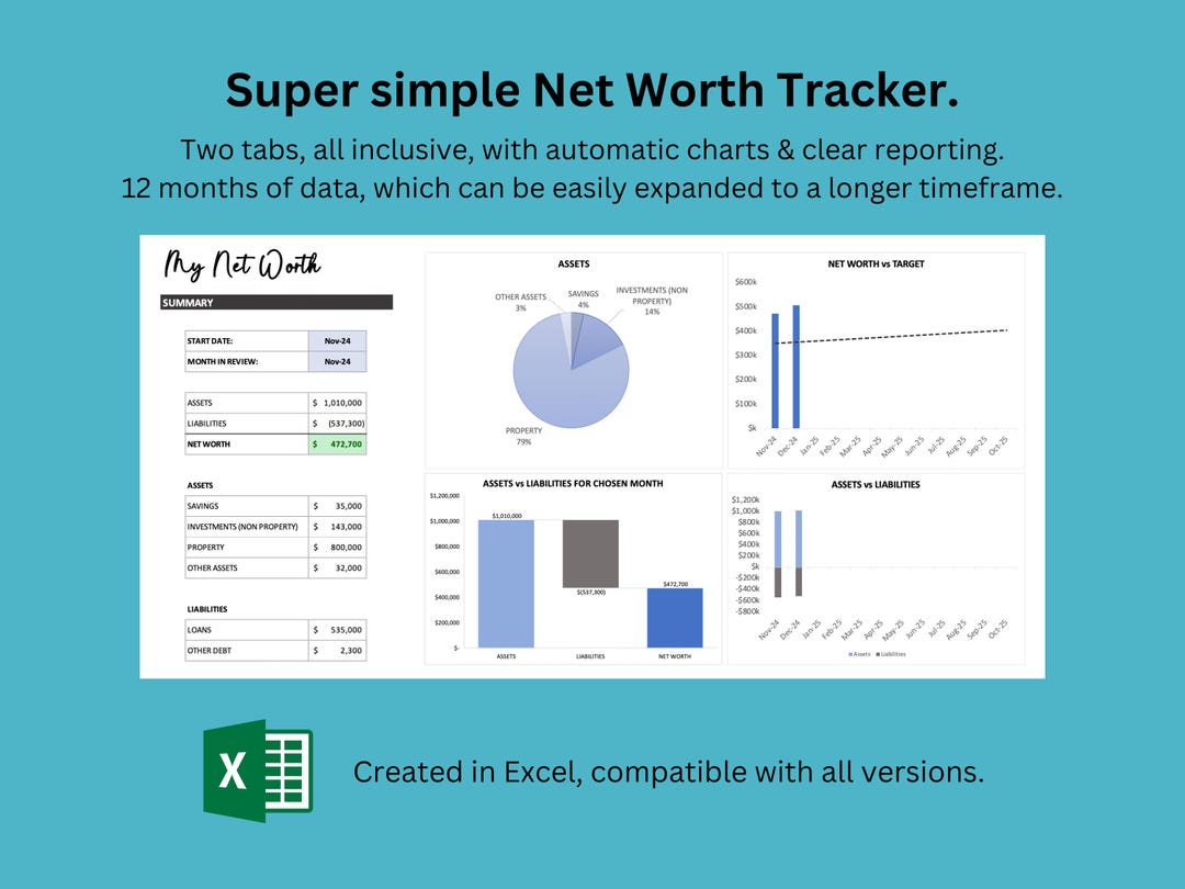 Excel Net Worth Tracker With 12 Months of Data, Automatic Charts, and ...