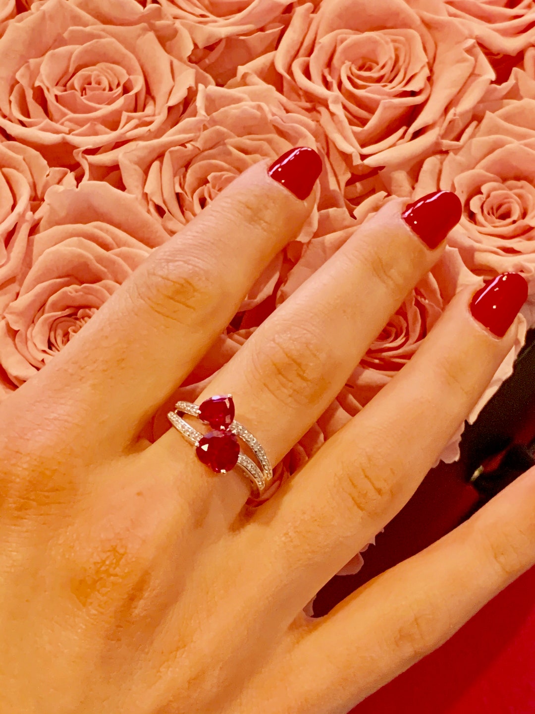 Ruby Double Heart Ring , July Birthstone Ruby Ring, Lab Created Ruby ...