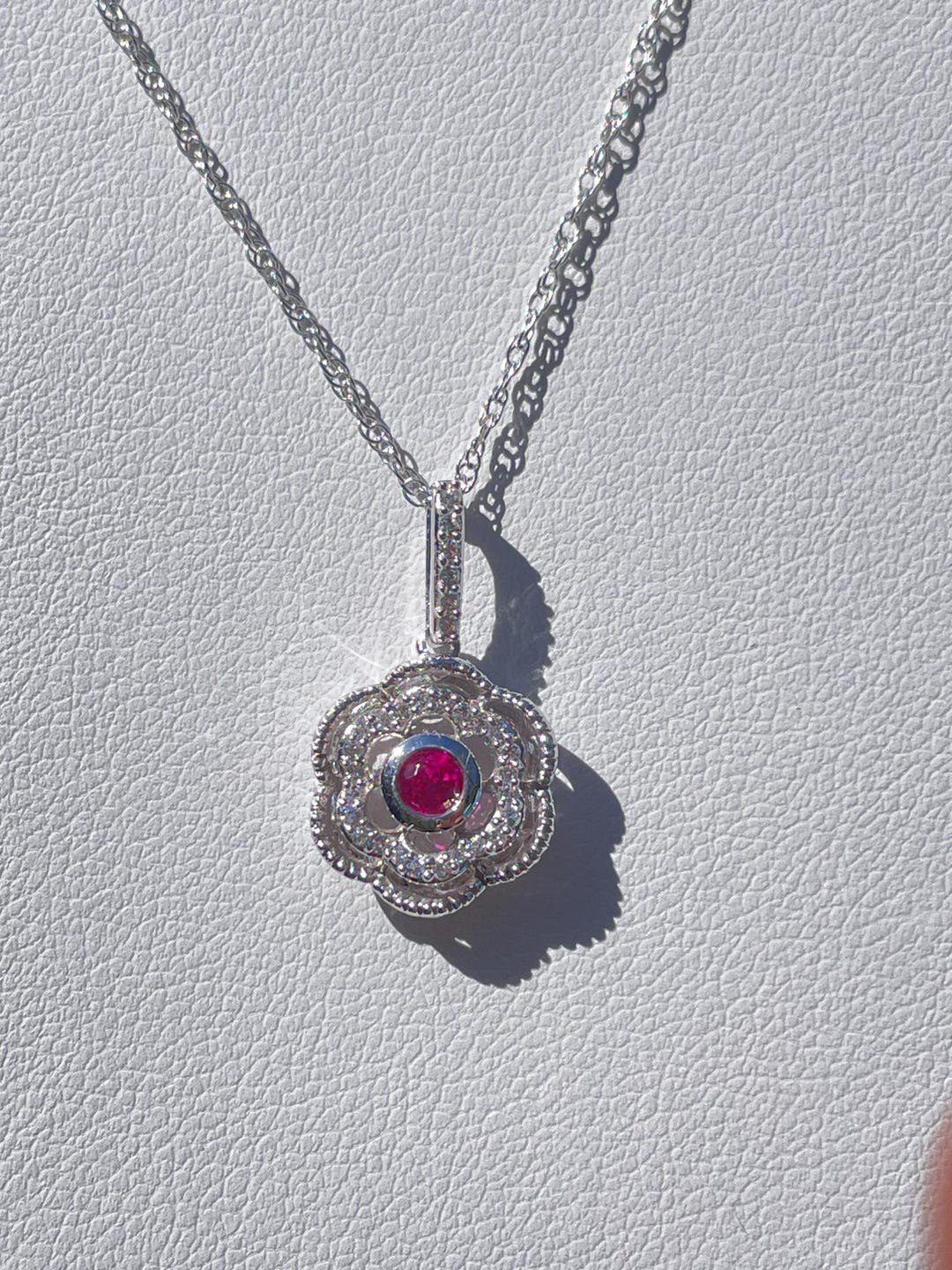 Ruby Flower Pendant, Sterling Silver Lab Red Ruby and White Sapphire ...
