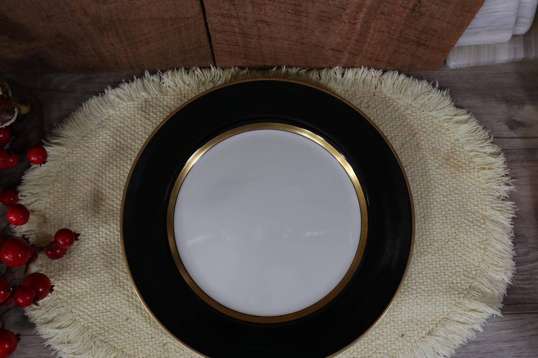 Dinner Plate, Renaissance Black on Buff by Fitz & Floyd. Elegant Piano Black, Gold on Light ...