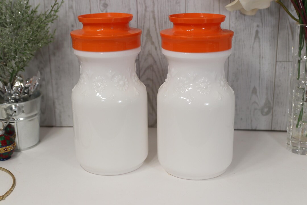 Vintage 1970s Milk Glass Tang Carafes With Orange Lids, Set of 2 - Etsy