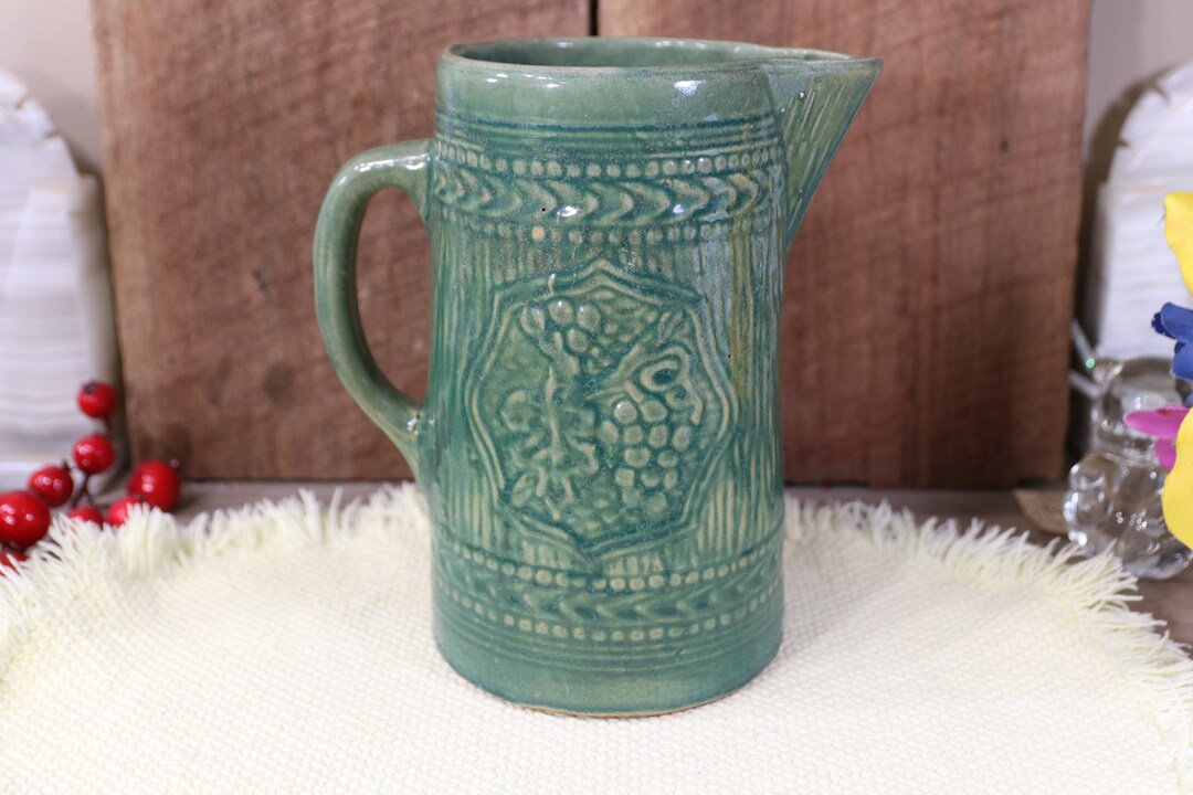 1920's Mccoy Hand Made Earthenware Pottery Pitcher. Embossed Grapes and ...
