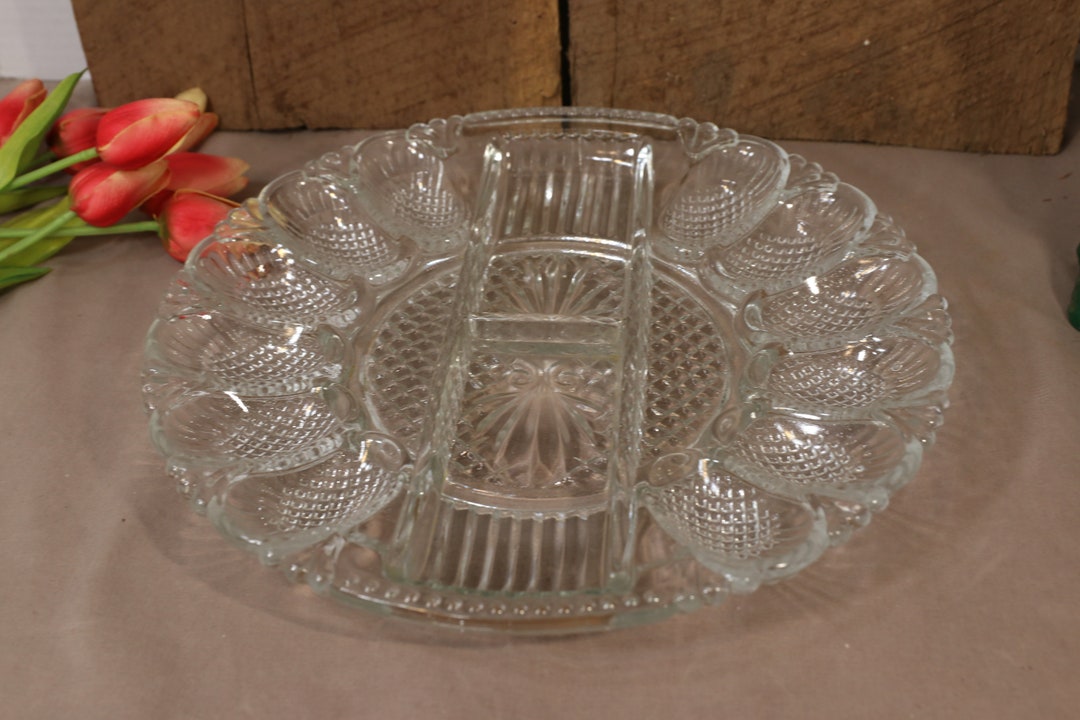 Deviled Egg Server and Relish Tray Clear by Smith Glass. Classic Beautiful Diamond Point Pattern ...