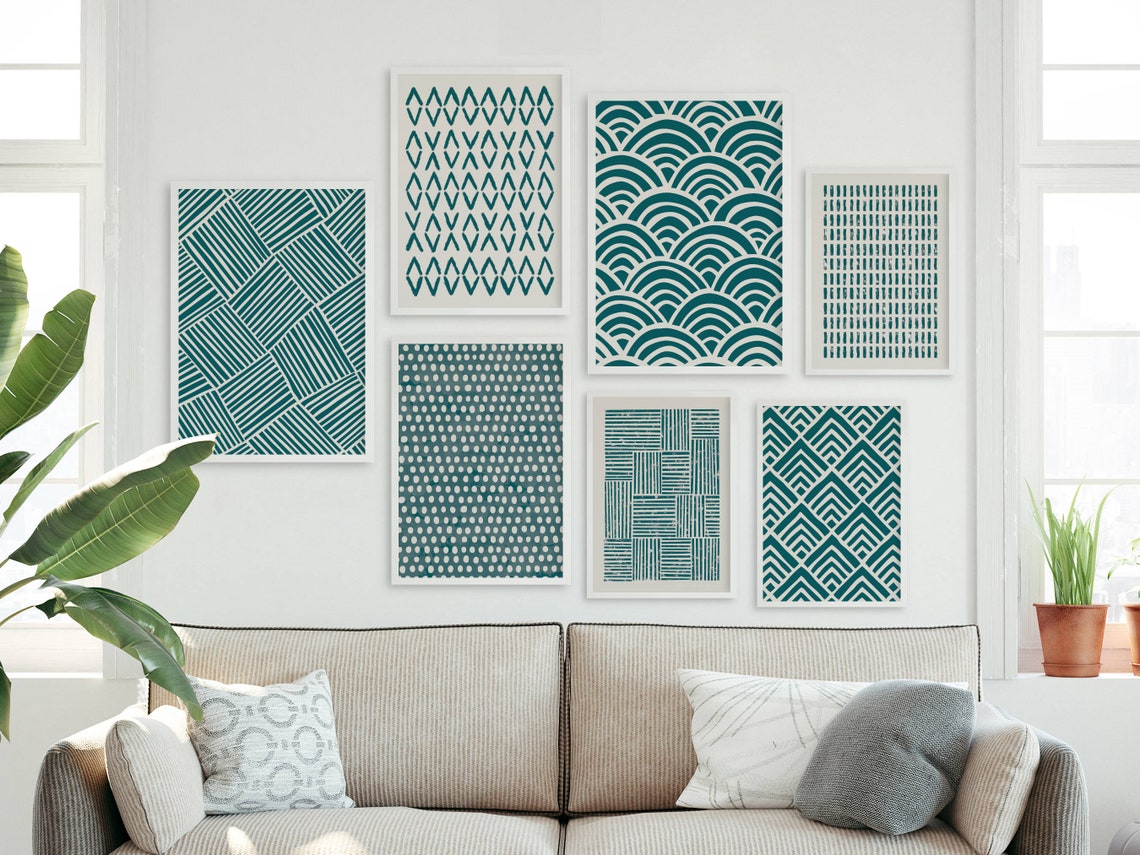 Modern Mid Century Teal Gallery Wall Set of 7 Vertical Art - Etsy