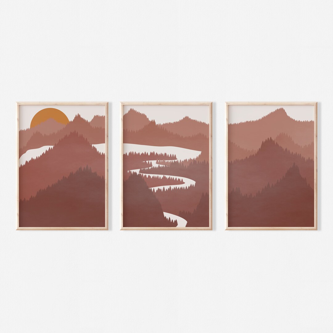 Earth Tone Bohemian Landscape Set of 3 Prints Mountain View Wall Decor ...