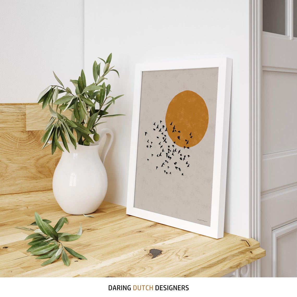 Neutral Minimalistic Home Decor Art Print, Flock of Birds Japanese Sun ...