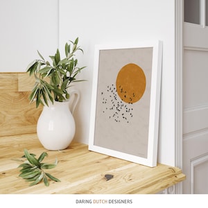 Neutral Minimalistic Home Decor Art Print, Flock of Birds Japanese Sun ...