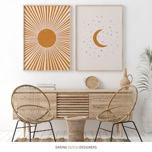 Sun and Moon Print Set of 2 | Mid Century Boho Print Set | Orange Sun ...